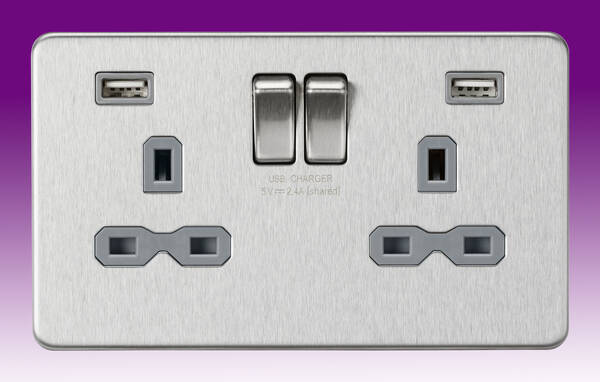 13 Amp 2 Gang Switched Socket - Dual USB A+A - Brushed Chrome/Grey ...